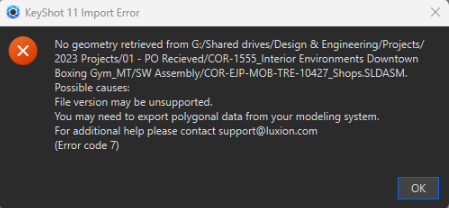 Error: "No geometry retrieved from 'location' (Error code 7)" with Sonoma 14.4 and KeyShot 10.2